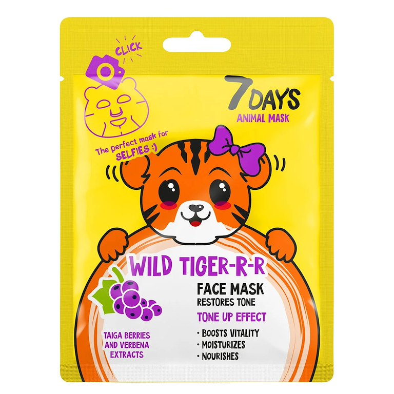 Kineska sheet maska za toniranje kože lica 7DAYS Animal Mask Wild Tiger 28g