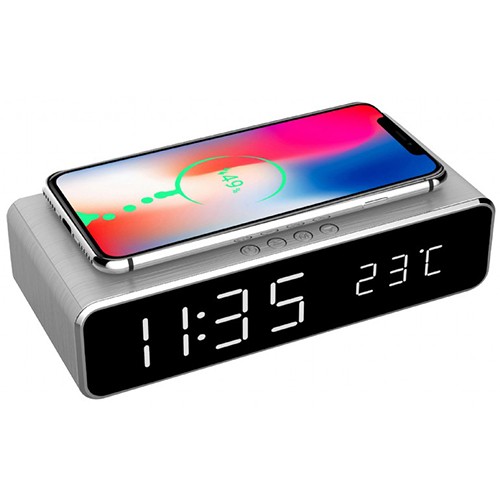 Gembird Digital alarm clock with wireless charging function, silver | DAC-WPC-01-S