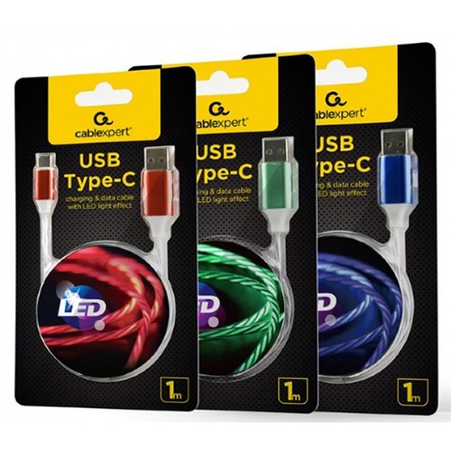 Gembird Type-C charging and data cable, LED light effect,2 A (10W), 1m MIX red/green/blue | CC-USB-CMLED-1M