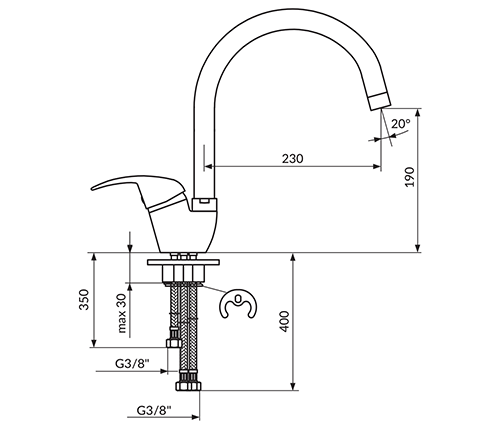 Baterija za sudoperu – protočni bojler izliv 230mm Rosan J382203