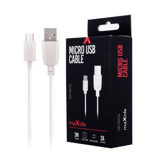 Maxlife kabl USB - micro USB 3,0m, 2A, beli, za brzo punjenje