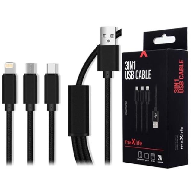 Maxlife kabl 3in1 USB - Lightning + USB-C + microUSB 2.1A, crni, za brzo punjenje