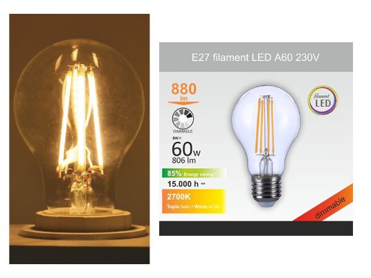 Mitea LED filament sijalica 8W, E27, 2700K