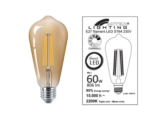 Mitea LED dimabilna filament sijalica, 8W, 2200K