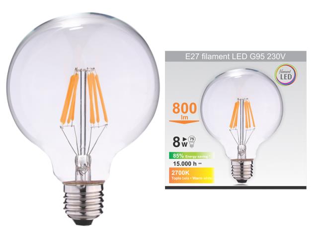Mitea LED filament sijalica, G95, 8W, E27, 2700K