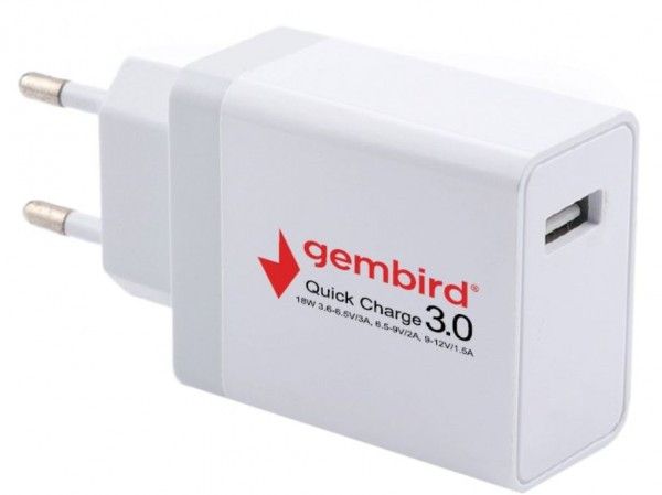 NPA-AC36 ** Gembird QC3.0 brzi punjac +Type C USB kabl,18W 3.6-6.5V/3A, 6.5V-9V/2A, 9V-12V/1.5A(407)