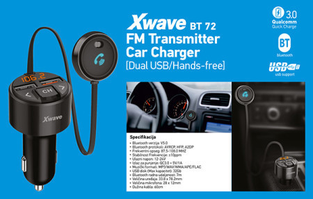 Xwave FM transmiter za kola/Bluetooth/LCD/mp3/wma/wav/flac/2X USB/punjenje QC3.0+5V/1A /Handsfree ( BT 72 )