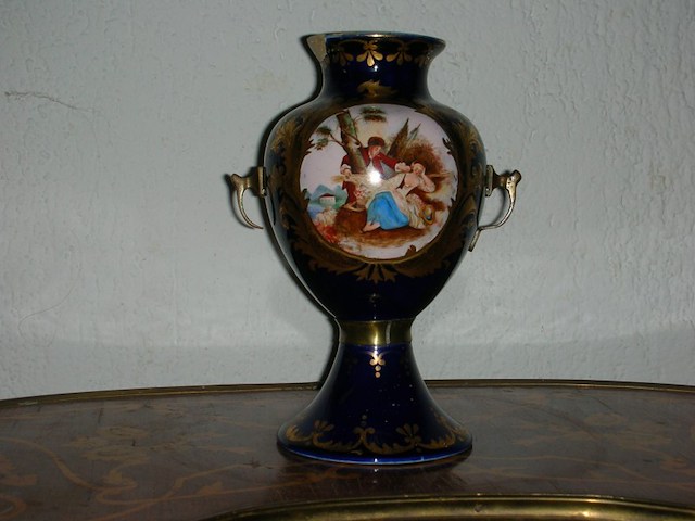 Antikna vaza, ručno slikana, kobalt-mesing-porcelan