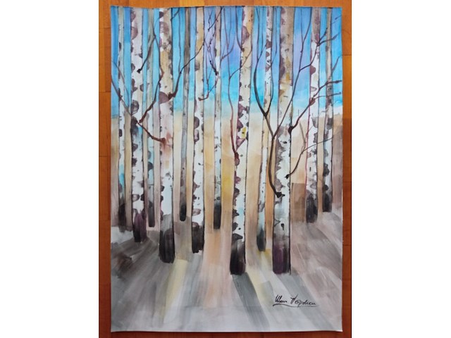 Pejzaz breze, slika  veci akvarel, Petrovski