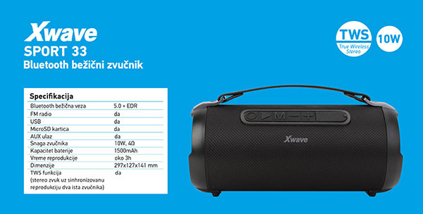Xwave BT zvucnik,TWS/5.0/10W/FM radio/MicroSD/USB2.0/Aux-Line In/1500mAh/Crni