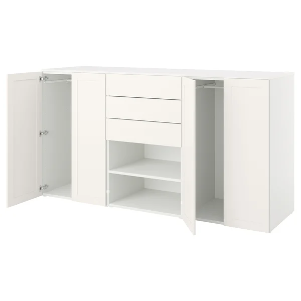 Garderober s 4 vrata i 3 fioke, bela FONNES bela/SANNIDAL bela, 240x57x123 cm