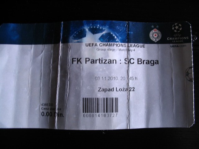 ULAZNICA PARTIZAN - BRAGA  100 DINARA!!!