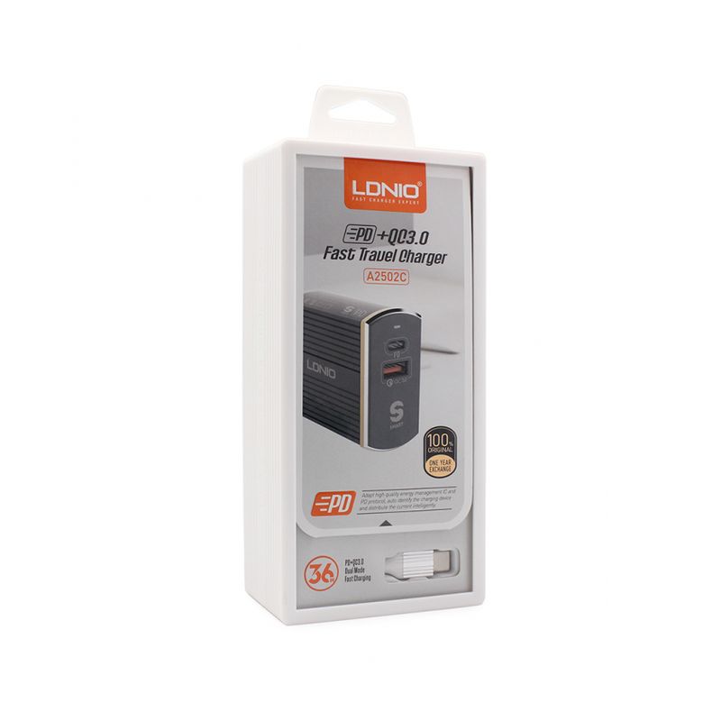Kucni punjac LDNIO A2502C Quick Charge 3.0 PD+USB 5V 3A sa Type C kablom crni