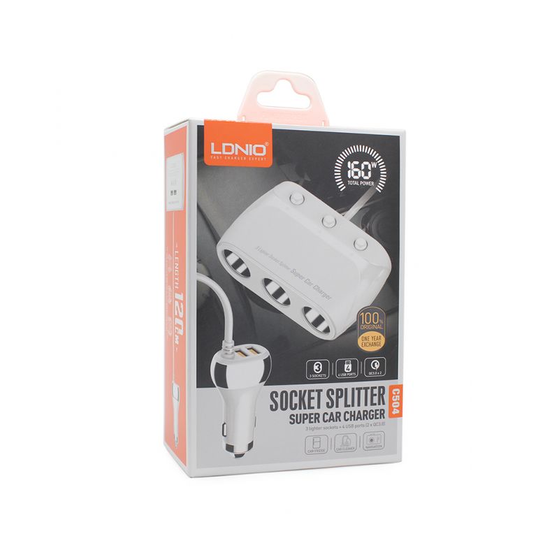 Auto punjac LDNIO C504 Quick Charger 3.0 4xUSB + 3 uticnice 5V 3.4A beli