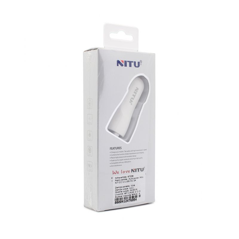 Auto punjac Nitu NT-CC12 USB 5V 2A sa iPhone lightning kablom beli