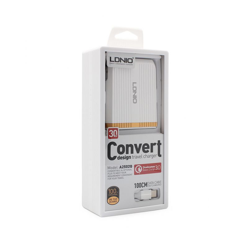 Kucni punjac LDNIO A2502Q Quick Charge 3.0 2xUSB 5V 2.4A sa type C kablom beli