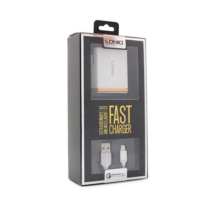 Kucni punjac LDNIO A1302Q Quick Charge 3.0 2.4A sa type C kablom beli