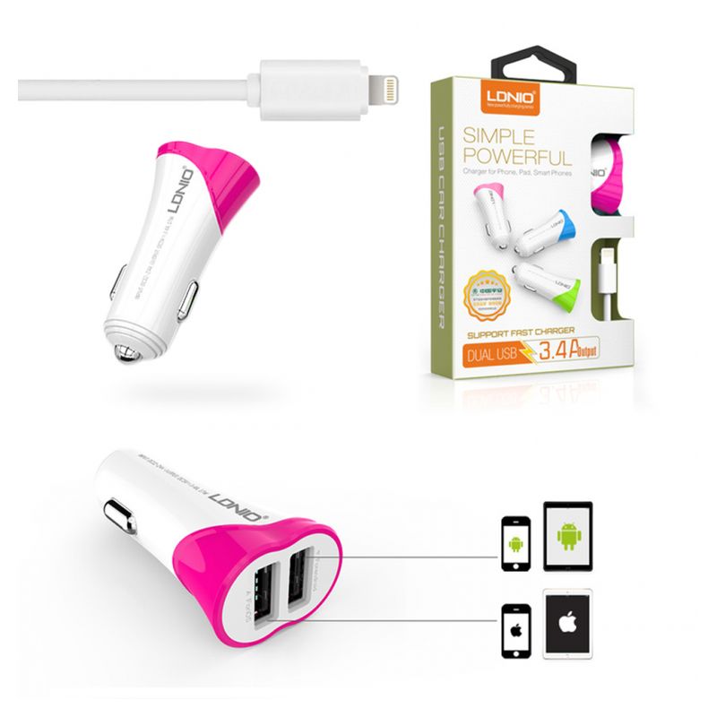 Auto punjac LDNIO C332 dual USB 3.4A sa iPhone lightning kablom pink