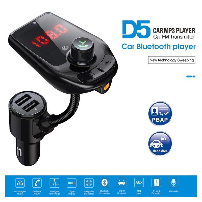 FM transmiter D5 USB TF Bluetooth 5.0 12-24V handsfree crni