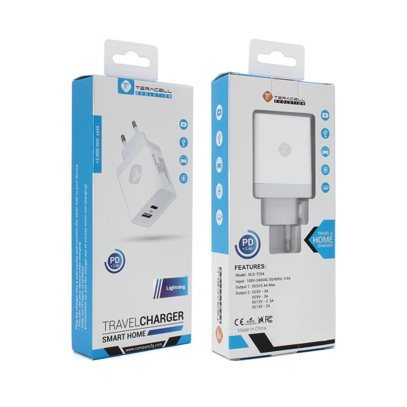 Kucni punjac Teracell Evolution TC-04 USB+PD 2.4A 30W sa PD iPhone lightning kablom beli