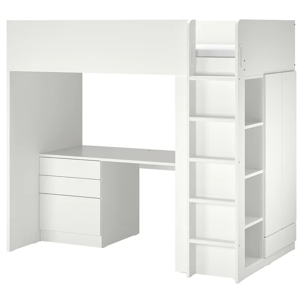 Izdignut krevet, bela bela/s radnim stolom s 4 fioke, 90x200 cm