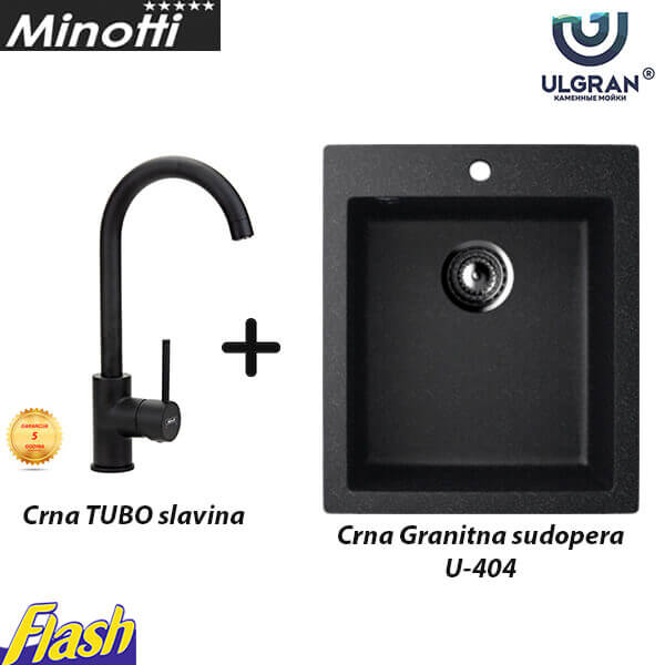 Granitna sudopera kvadratna CRNA i Slavina – Minotti i ULGRAN U-404-308