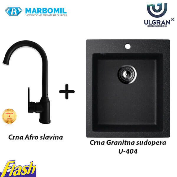Granitna sudopera kvadratna CRNA i Slavina – Marbomil i ULGRAN U-404-308