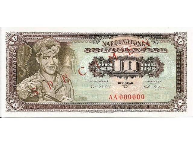 Jugoslavija 10 dinara 1965. UNC SPECIMEN