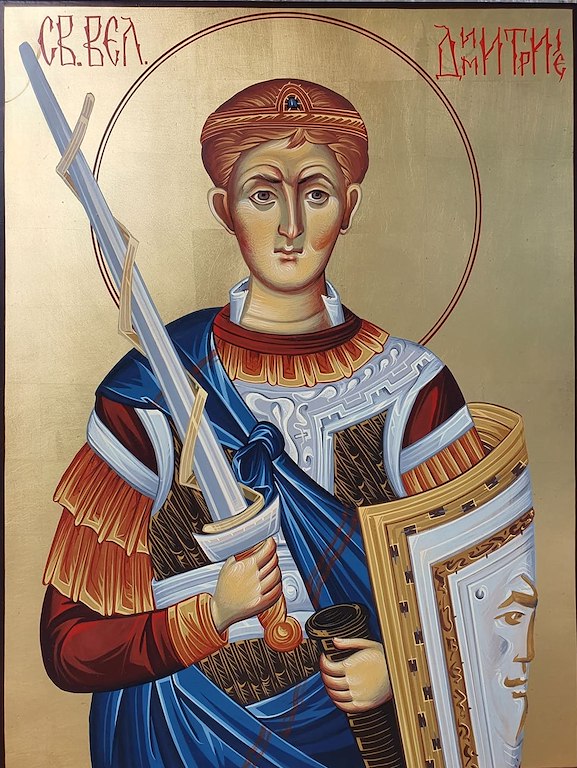 Sveti Dimitrije, ikona, 40×30 cm, jajcana tempera na medijapanu sa pozlatom, vizantijski stil po pravoslavnim kanonima, ikonopisac Nikola Timotijevic, sertifikat, 22420 dinara