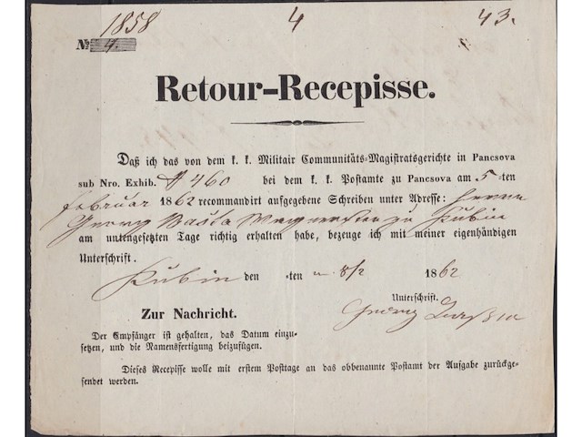 Austrija 1862 Kubin (Kovin) povretni recepis