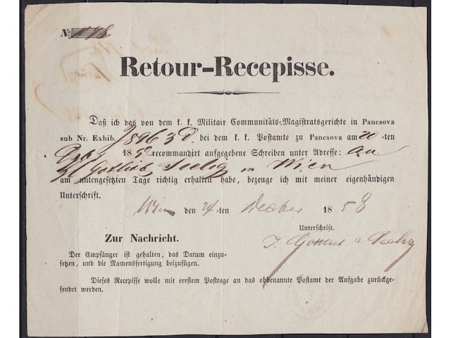 Austrija 1858 Pancevo povratni recepis