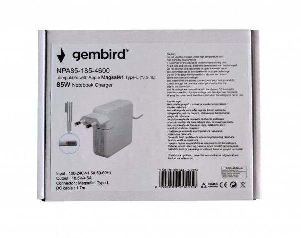 NPA85-185-4600 (TJ-341L Apple Type-L) Gembird punjac za laptop 85W-18.5V-4.6A, Magsafe1 Type-L