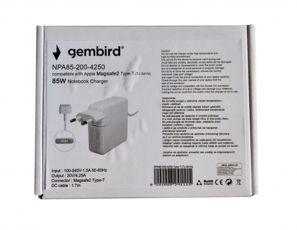 NPA85-200-4250 (TJ-341N Apple Type-T) Gembird punjac za laptop 85W-20V-4.2A, Magsafe2 Type-T