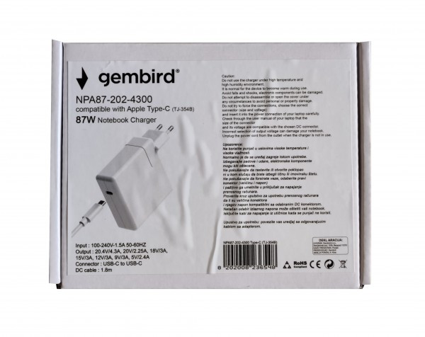 NPA87-202-4300 (TJ-354B Apple Type-C/USB-C) Gembird punjac za laptop 87W-20,2V-4.3A, USB Type-C