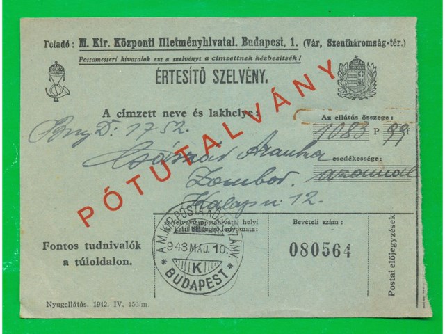 Mađarska Poštanska Priznanica 1943.Budapest-Sombor