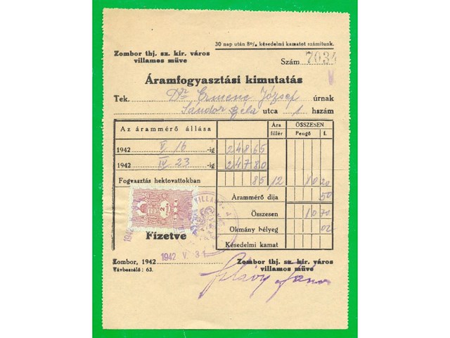 Račun Električna Energija Sombor 1942.Taksena Markica