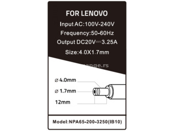 NPA65-200-3250 (IB10) ** Gembird punjac za laptop 65W-20V-3.25A, 4.0x1.7mm Yellow (780 Alt=IB09)