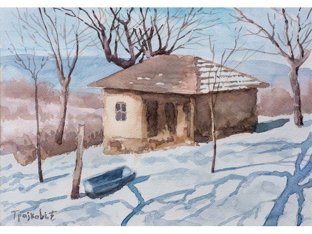 Kućica na brdu - akvarel