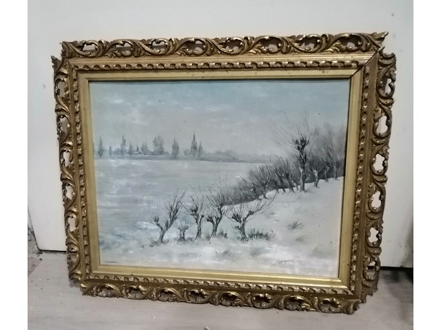 Zimski pejzaž stara slika ulje na lesonitu