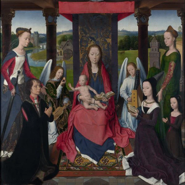Hans Memling, Donna Triptych The Central Panel. Virgin And Mlad.Na Throne With Sv.Ekater, St. Barbara, Angels And Donators