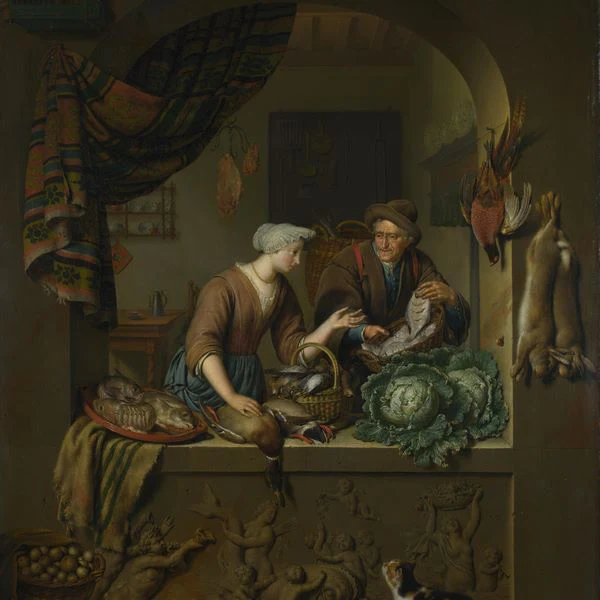 Willem van Mieris, A Woman and a Fish pedlar in a Kitchen