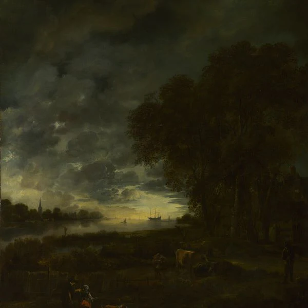 Aert van der Neer, A Landscape with a River at Evening