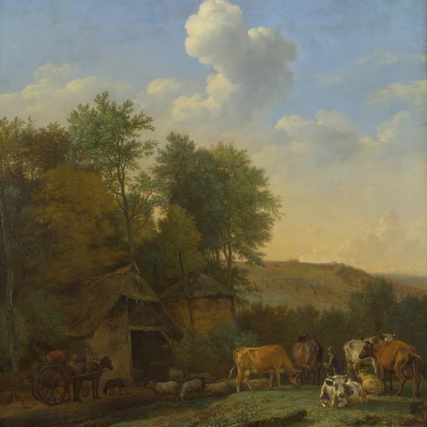 Paulus Potter, A Landscape with Cows, Sheep and Horses by a Barn