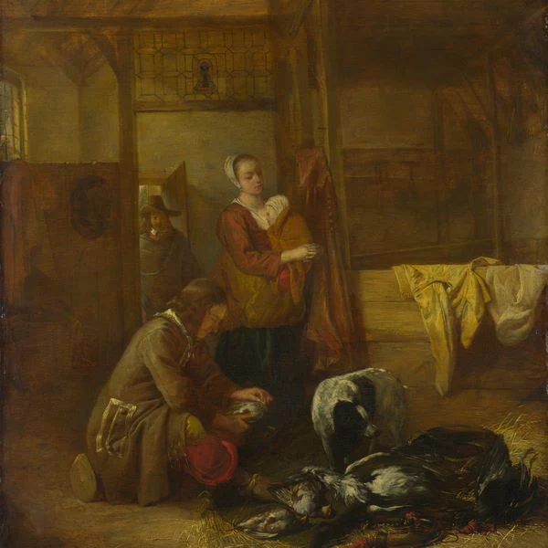 Pieter de Hooch, A Man with Dead Birds and Other Figures in a Stable