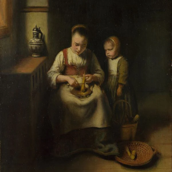 Nicolaes Maes, A Woman scraping Parsnips, with a Child standing by her