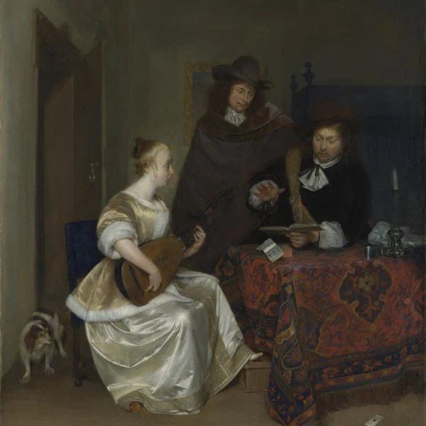 Gerard ter Borch, A Woman playing a Theorbo to Two Men