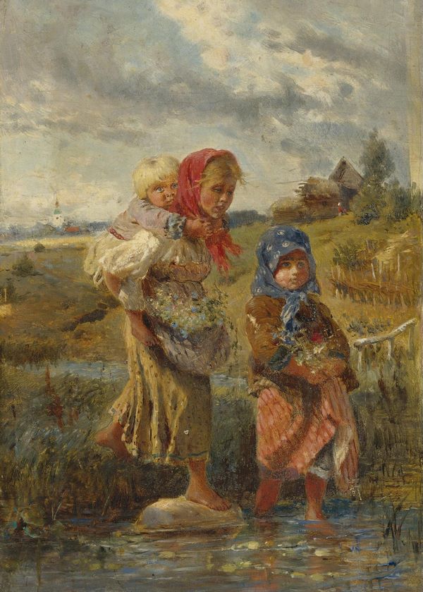 Konstantin Makovsky Children Crossing A Brook