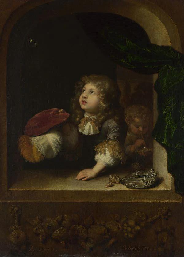 Caspar Netscher Two Boys blowing Bubbles