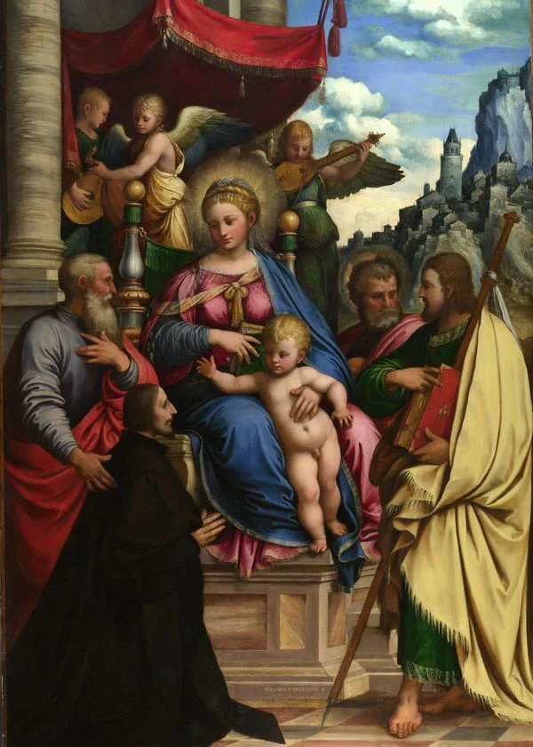 Girolamo da Treviso The Madonna and Child with Angels Saints and a Donor