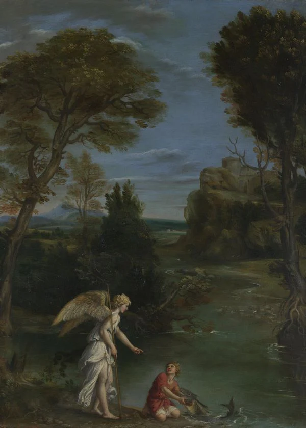 Domenichino Landscape with Tobias laying hold of the Fish